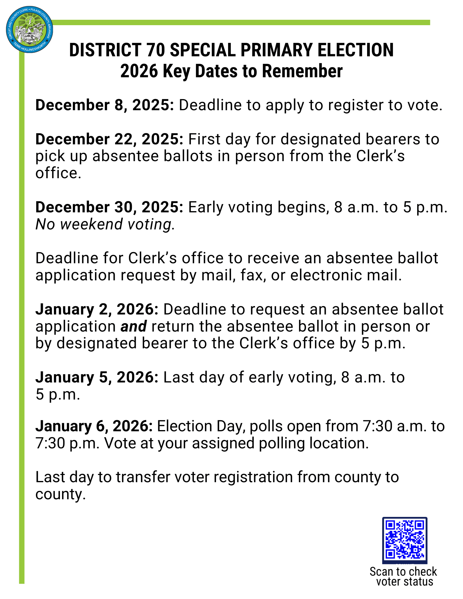 2026 Key Election Votes to Remember > Arkansas Pulaski County Circuit Clerk